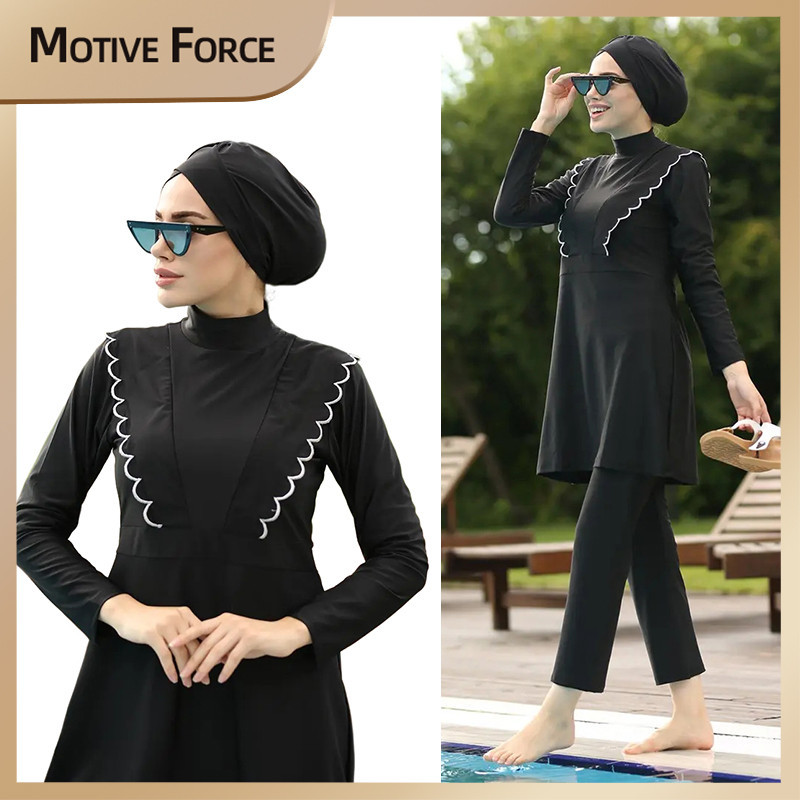 Black Ruffle Muslim Swimwear Burkini 3pcs with Bra Padding Hijab Long ...