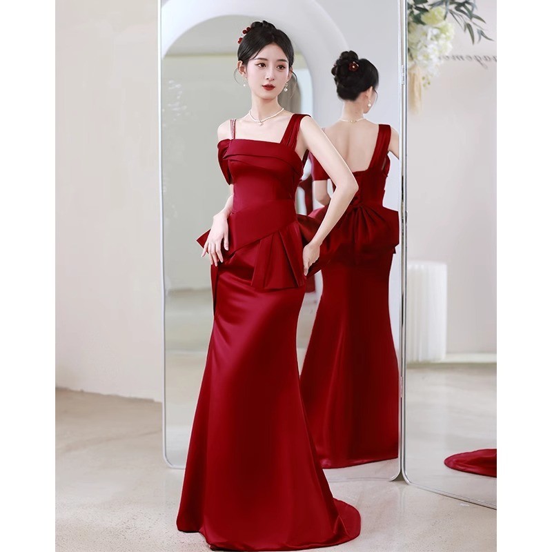 New Red Satin French Engagement Wedding Evening Dress Fish Tail ...