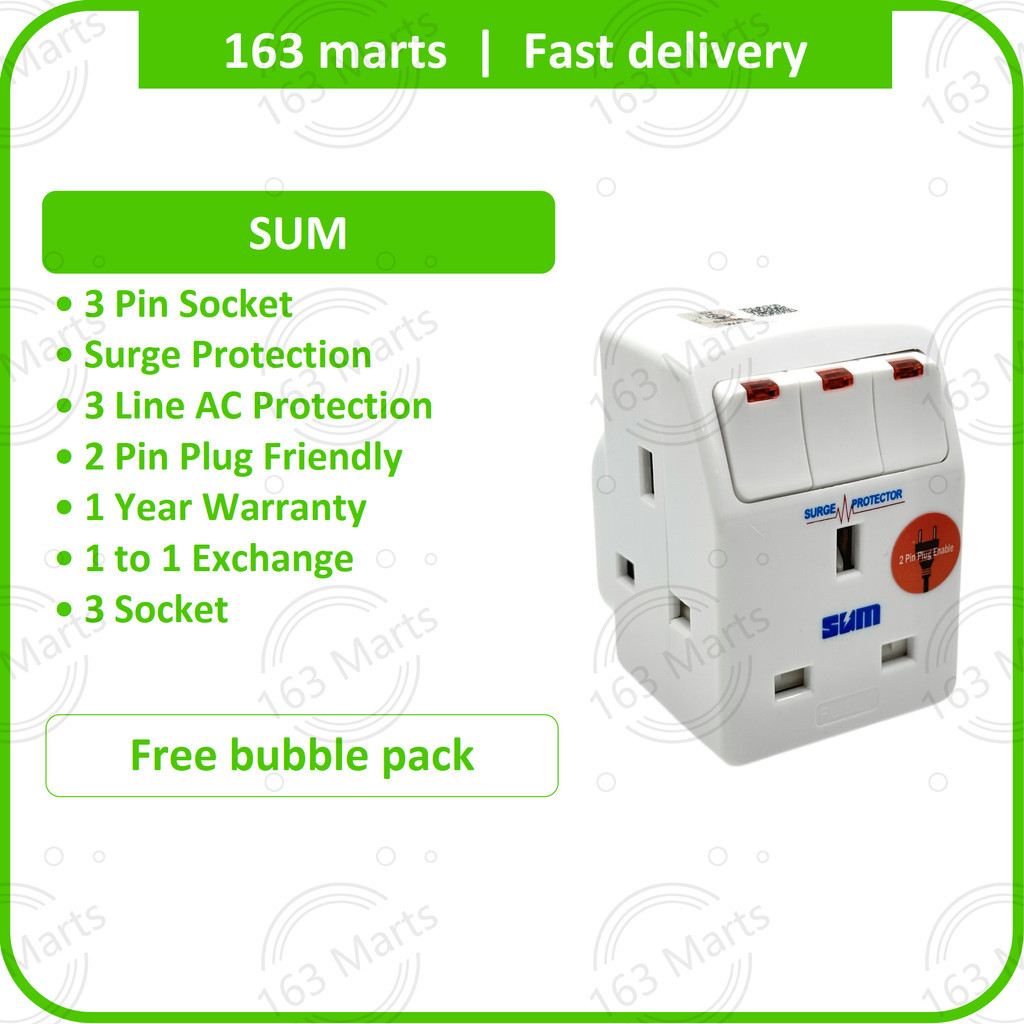 SUM Surge Protector Multiple Adapter Plug adaptor Socket Extension 3 ...