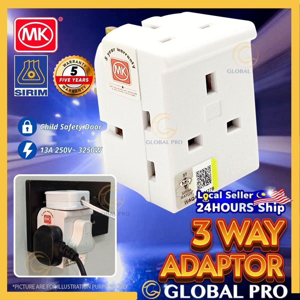 MK 3 Way Plug Adapter 3 Pin Adapter SIRIM Kepala Plug 3 Pin 13A 250V ...