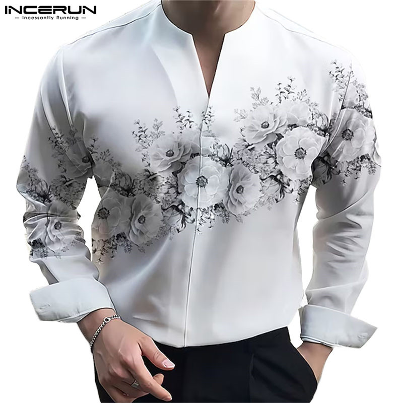 INCERUN Men Korean Fashion Floral Printed V-Neck Long Sleeve Shirts ...