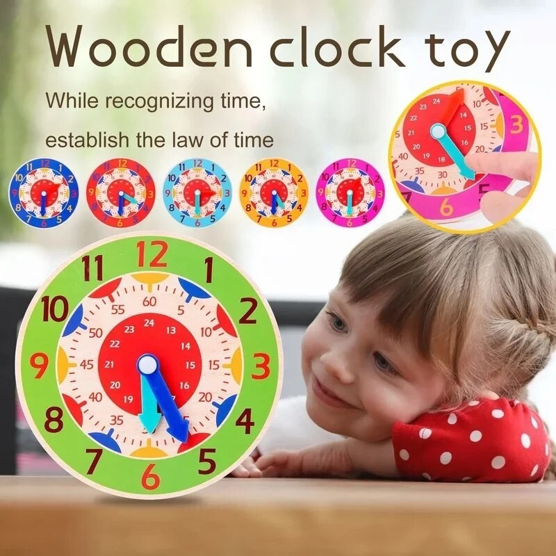 Children Wooden Clock Toys Hour Minute Second Cognition Colorful Clocks ...