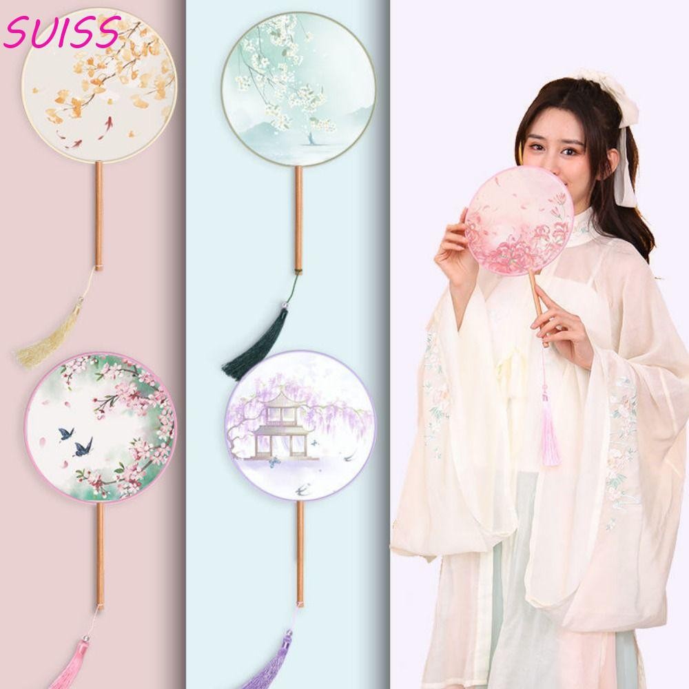 SUISS Round Hand Fan, Chinese Style Long Handle Dance Silk Fan, Vintage ...