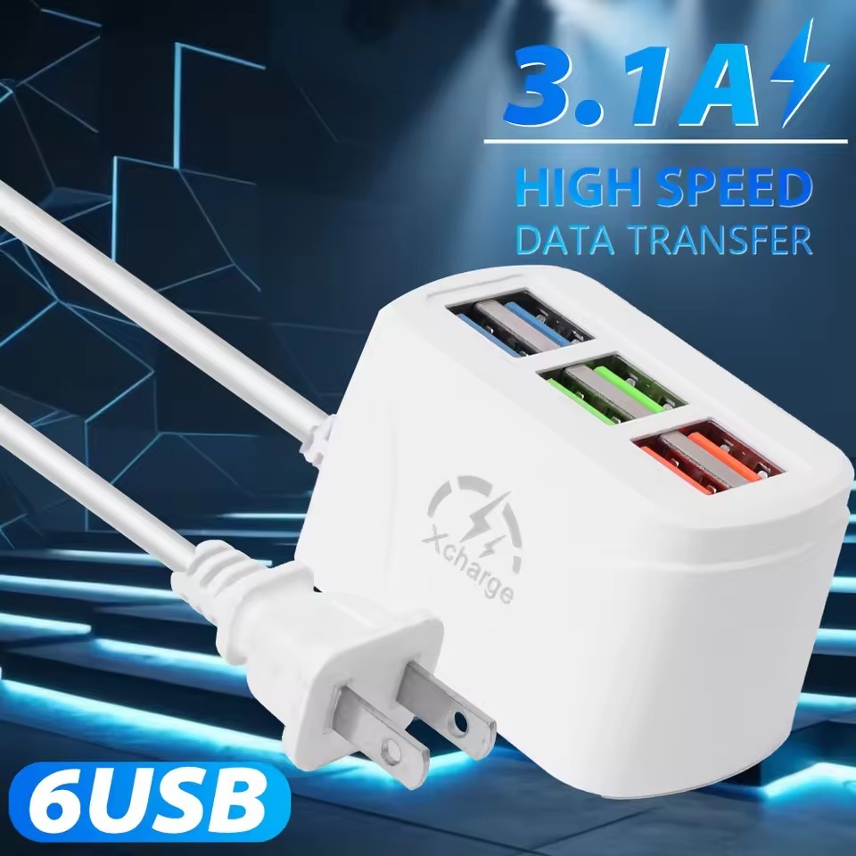 6-IN-1 USB Phone Charger - 3.1A Quick Charging Head Socket - 6 Ports ...