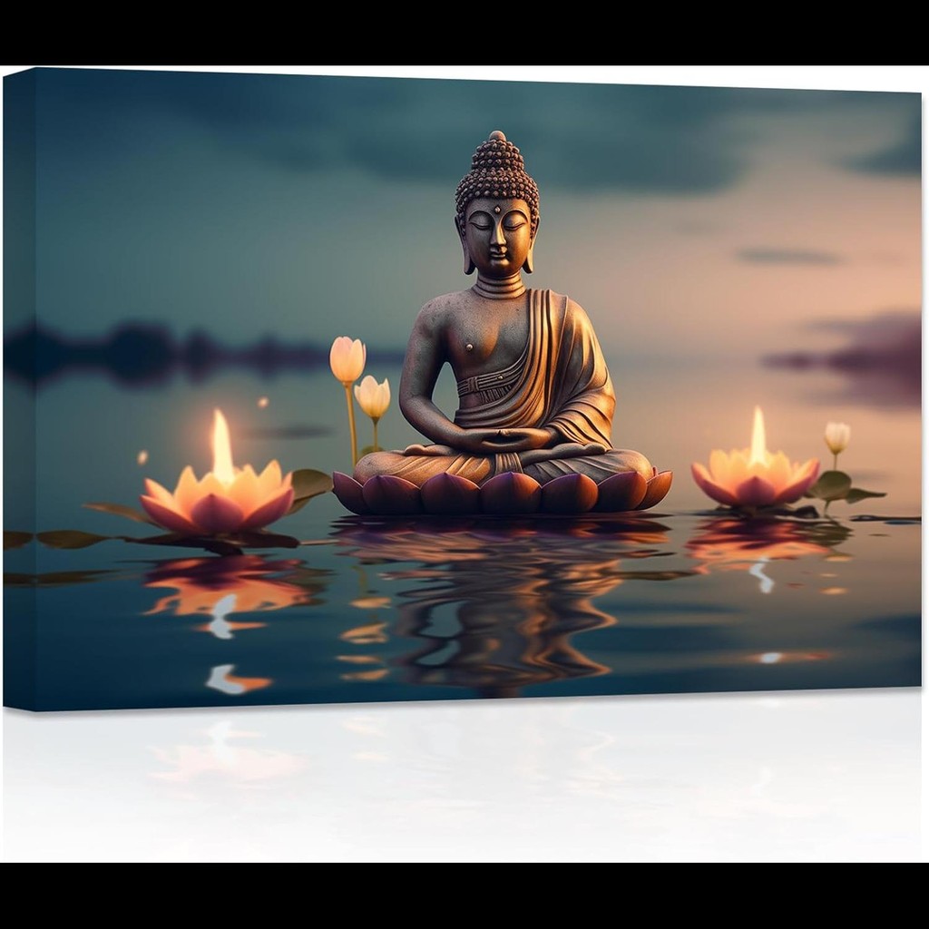 Seni dinding kanvas ZXHYWYM Zen lukisan Buddha dengan bunga teratai ...