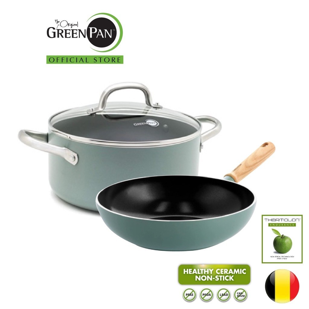 Greenpan Mayflower (IH) Set: 28cm/3.7L Non-stick Open Wok + 24cm/5.7L ...