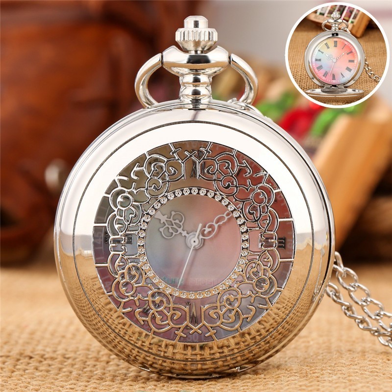 Silver Hollow Out Flower Case Colorful Roman Number Dial Quartz Pocket ...
