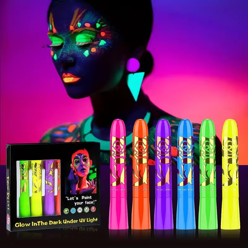 6Pcs UV Neon Face Painting Kit,Glow in the Dark Under UV Lights,Black ...