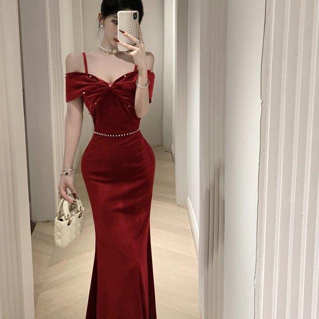 Korean Red Velvet Off Shoulder Elegant Evening Prom JS Cocktail Split ...