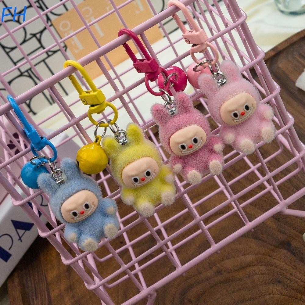 FENGHA Sit Down Labubu Pendant, Bell Bow Flocking Labubu Key Ring, Cute ...