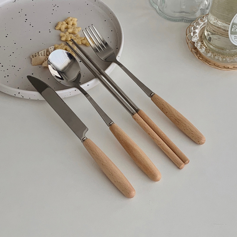 HERA Beech Wooden Handle Cutlery Set Stainless Steel Spoon Fork Steak ...