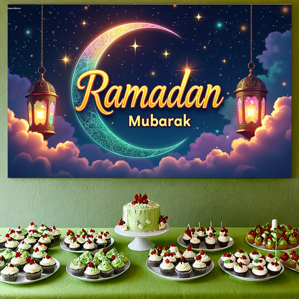 Ramadan Mubarak Backdrop Elegant Lantern Design Starry Night Banner ...