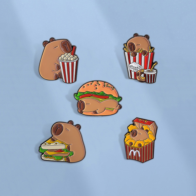 Cartoon Cute Popcorn Burger French Fries Pizza Capybara Brooch Pins ...