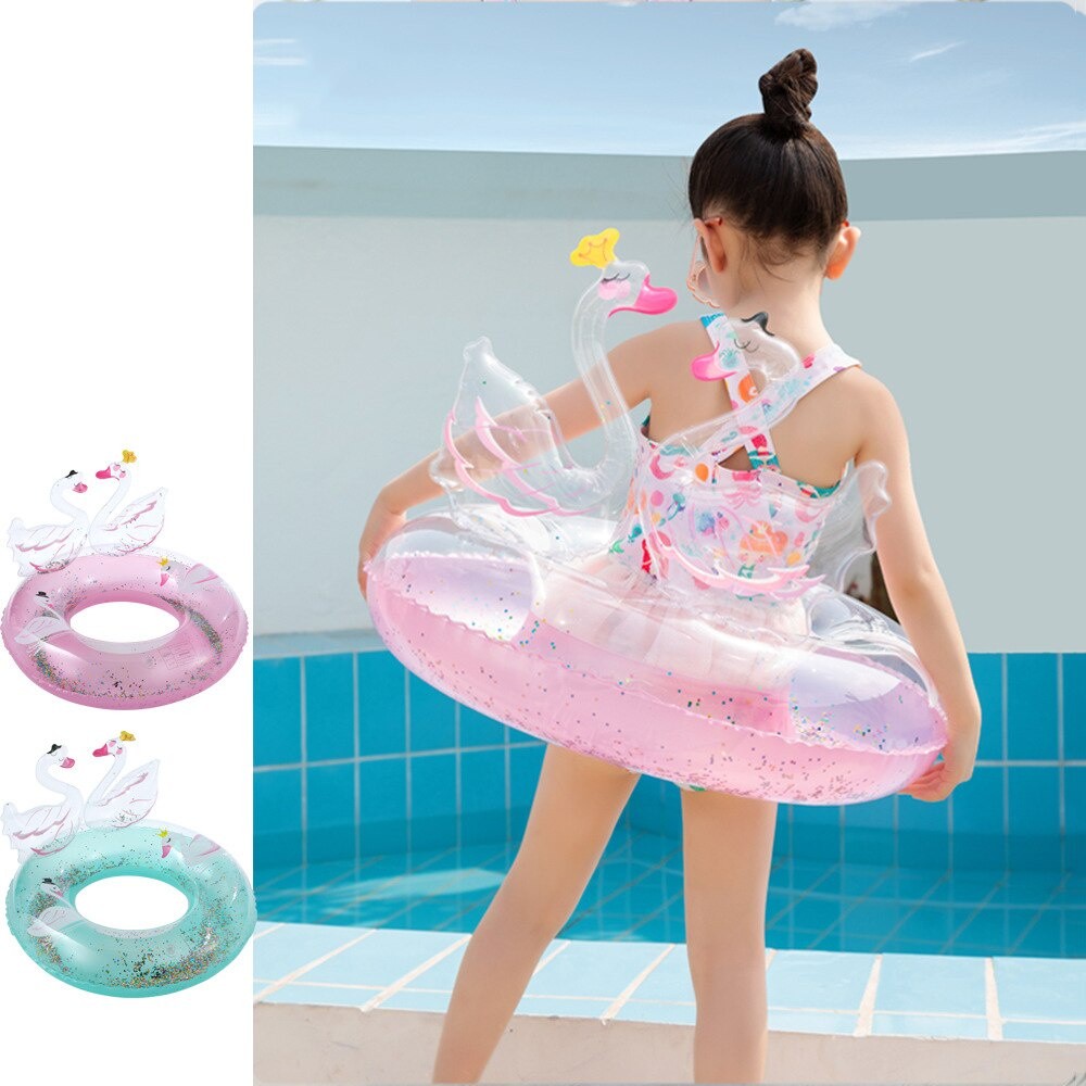 Girls Cute Sequined 3D Swan Inflatable Swimming Ring Pool Floating ...