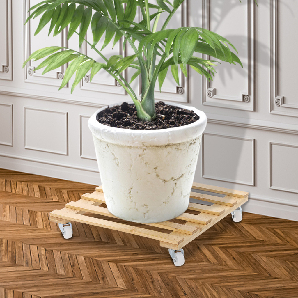Bamboo Plant Stand With Wheels Mobile Flower Pot Mover Roller For Patio ...