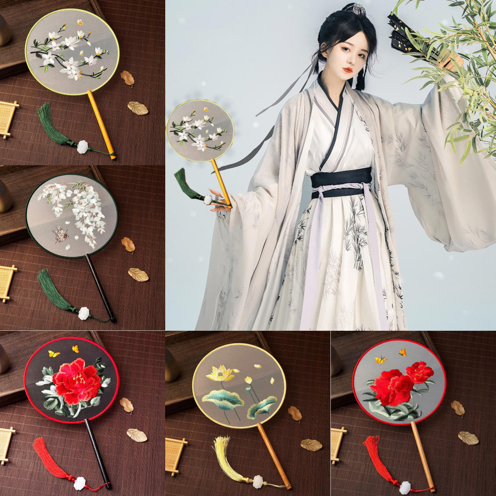 Chinese Style Round Fan Double Sided Embroidered Wooden Handle Fan Semi ...