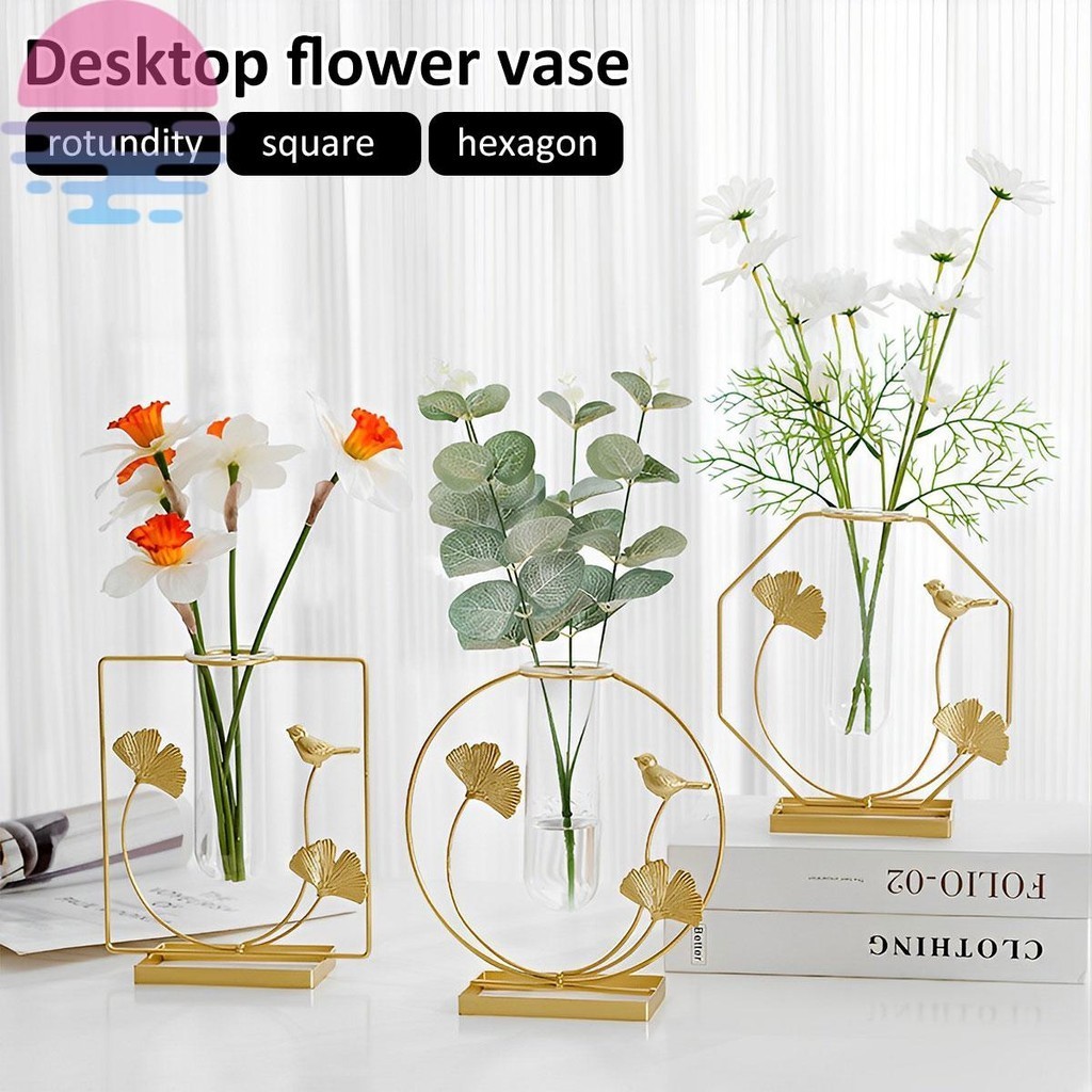 Metal Frame Tube Vase Round/Square/Hexagonal Vase Tube Glass Planter ...