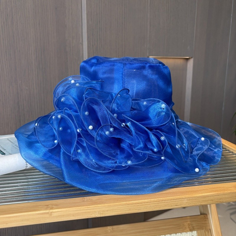 Women's Korean-Style Large Flower Mesh Bowler Hat Organza Big Brim Sun ...