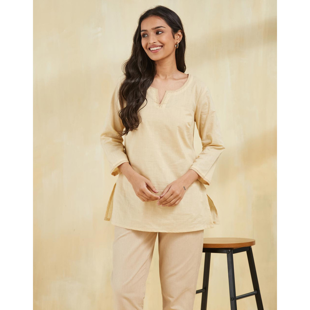 Beige Cotton Slim Fit Embroidered Short Kurta | Shopee Malaysia