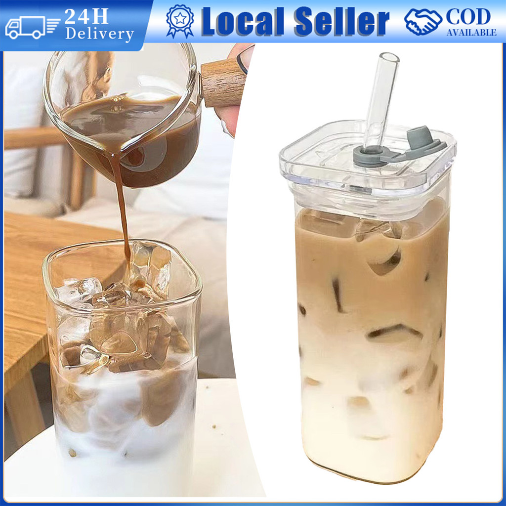400ml Transparent Square Heat Resistant Coffee Glass Cup with Lid Straw ...