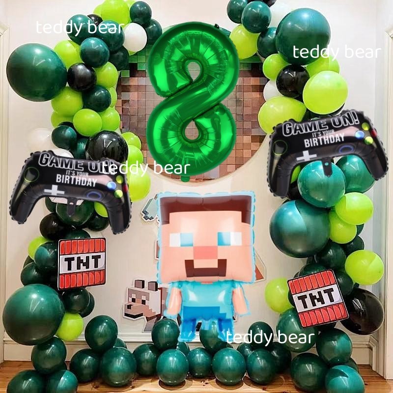 Minecraft Birthday Party Decoration Green Number Balloon Garland Pixel ...