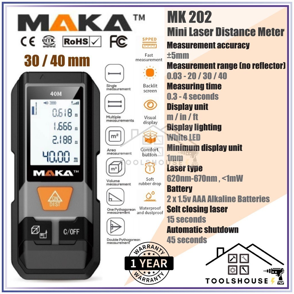 MAKA MK202 Laser Distance 激光距离 Meter 30m / 40m | Shopee Malaysia