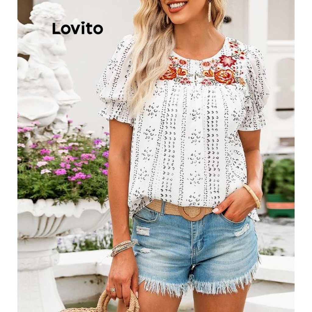 Lovito Boho Tribal print Ruffle Blouse for Women LNL47194 Lovito Blus ...