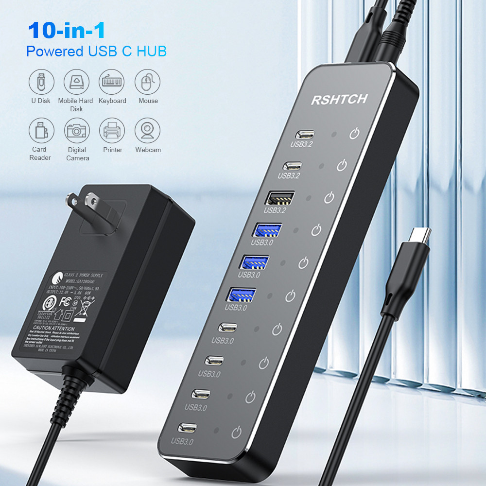 RSHTECH 10 in 1 USB C Hub 10Gbps USB-C with Individual Touch Switches ...