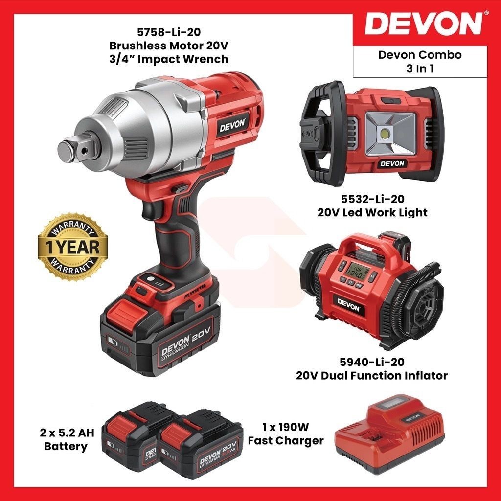 DEVON 5758-Li-20 20V Electric Brushless Cordless Impact Wrench 1900N.M ...