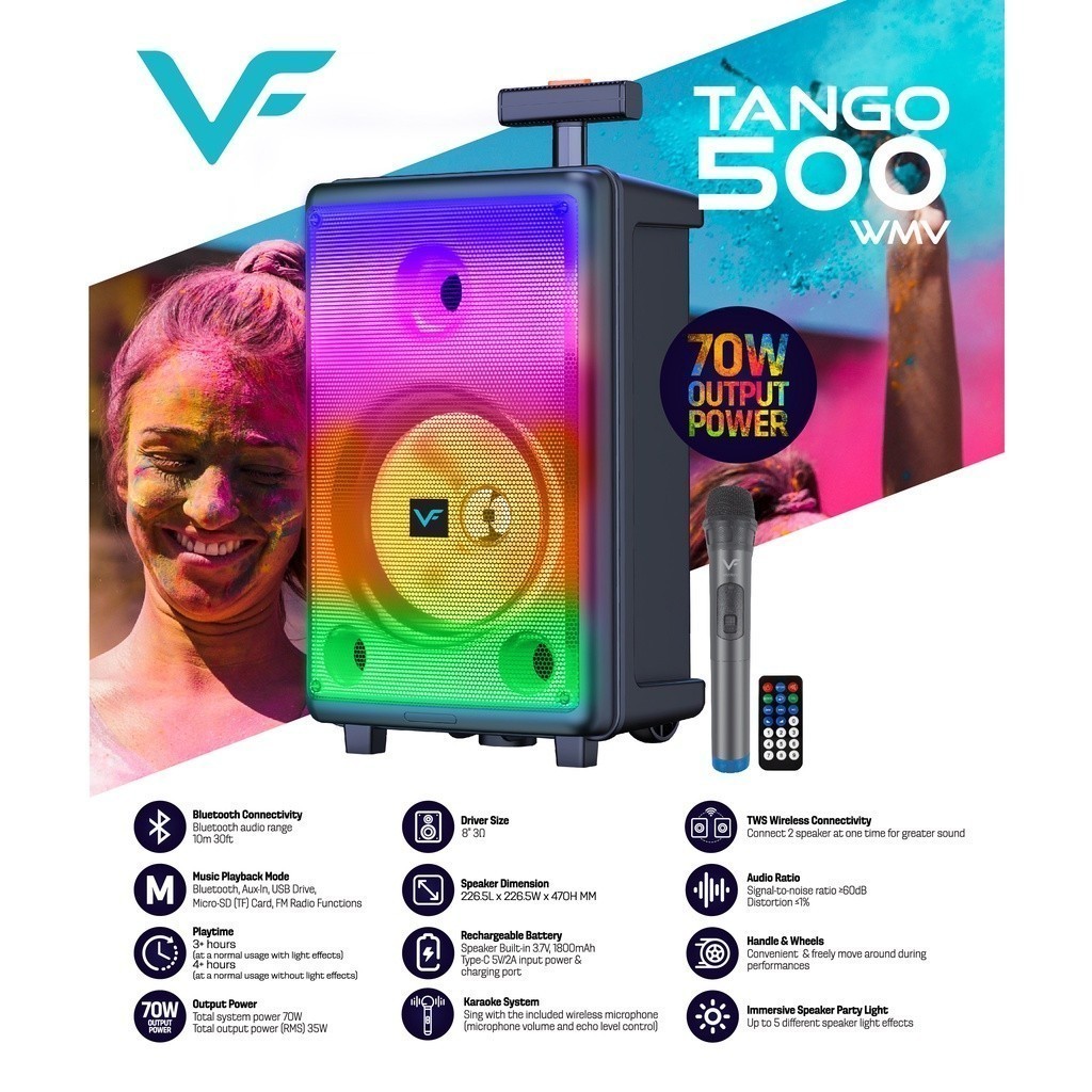 Vinnfier VF Tango 500 WMV Portable Karaoke bluetooth speaker 70W Stereo Sound LED Lights ...