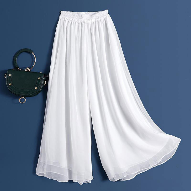 Women Chiffon Wide Leg Pants with Elastic Waist Thin White and Black ...