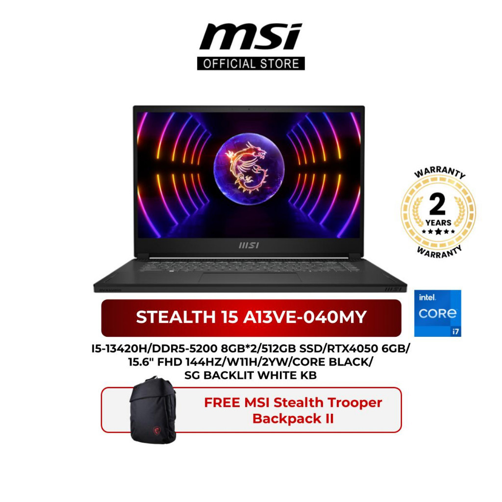 MSI STEALTH 15 A13VE-040MY (RTX 4050/ i5-13420H/DDR5 8GB*2 RAM/512GB ...