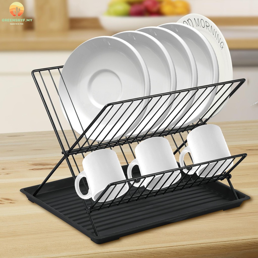 Dish Drying Rack with Drip Tray Foldable Dish Drainer Rack 2 Layer Dish ...