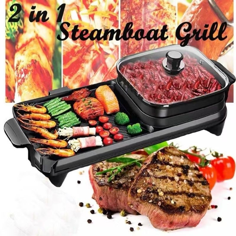 Viral Electric 2 in 1 BBQ Grill Pan 2-in-1 Steamboat 2in1 Hot Pot ...