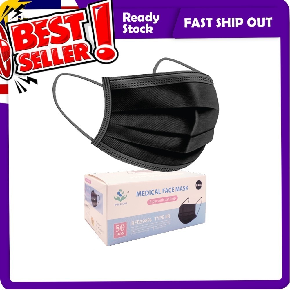 (50pcs) Pelitup Muka Hitam, Black Mask, Milkon 3-Ply Disposable Medical ...