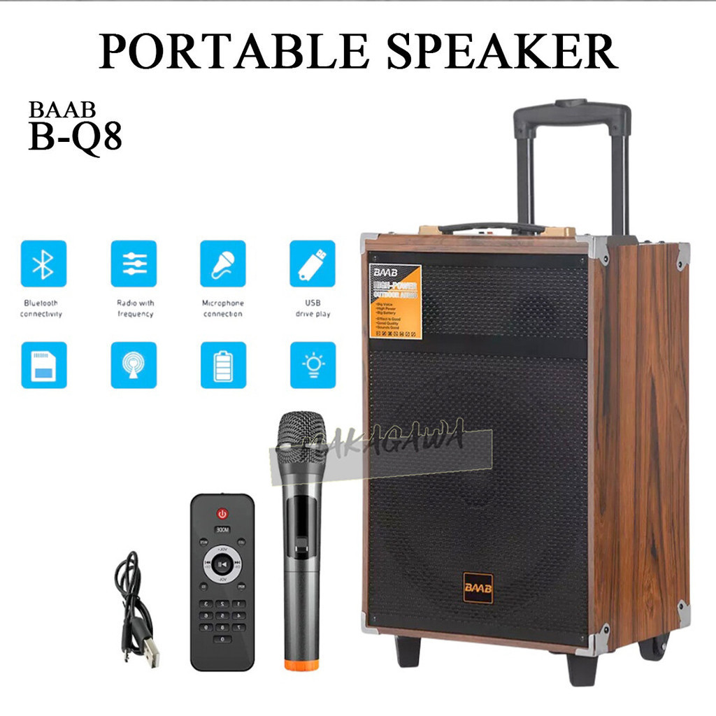 BAAB QUALITY B-Q8 6000W WOODEN KARAOKE TROLLEY HANDY WIRELESS HEAVY BIG SOUND SPEAKER FREE ...