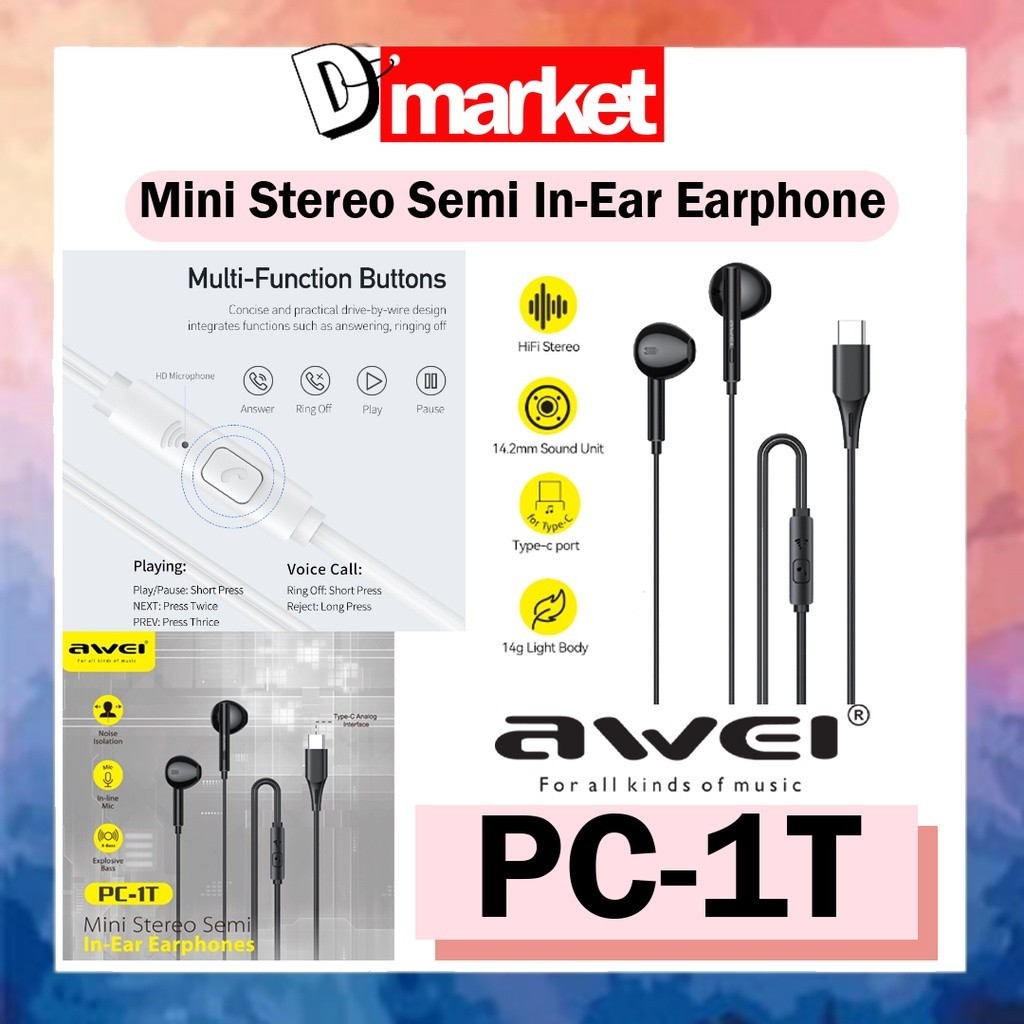 AWEI PC-1T Type C Analog Interface MINI STEREO Semi In-Ear Earphones ...