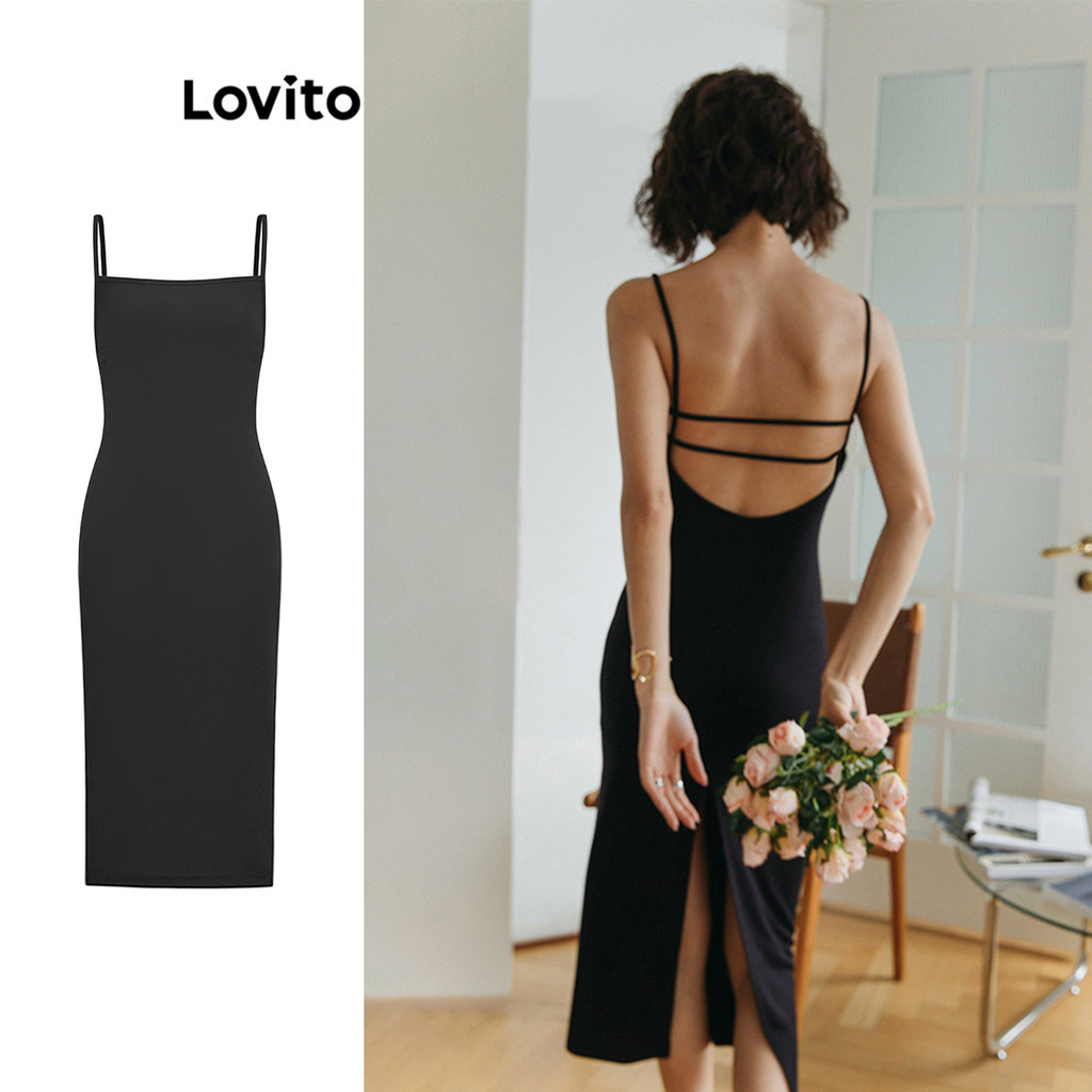 Lovito Elegant Plain Backless Split Dress for Women L74ED171 (Black ...