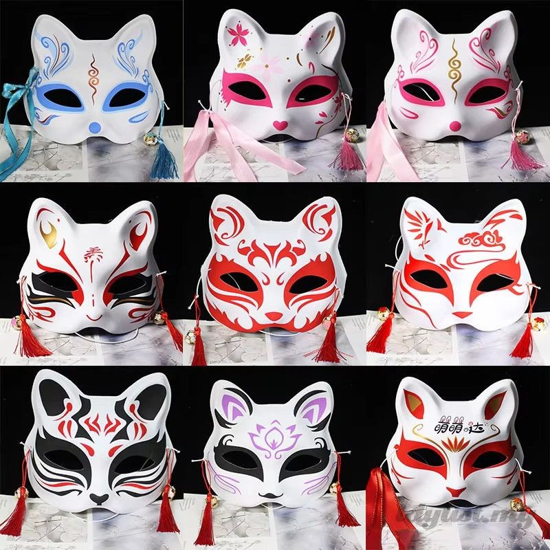 ღ Fox Mask Cosplay Half Face Mask Kabuki Kitsune Masquerade Anime ...