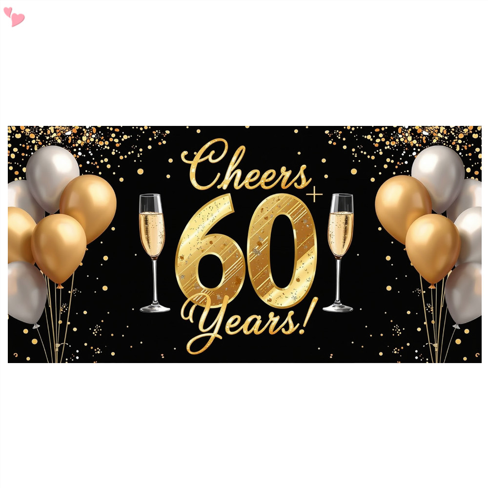 Large Cheers to 60 Years Banner Backdrop, Black Gold Happy 60th Birthday Decorations, 60 ...