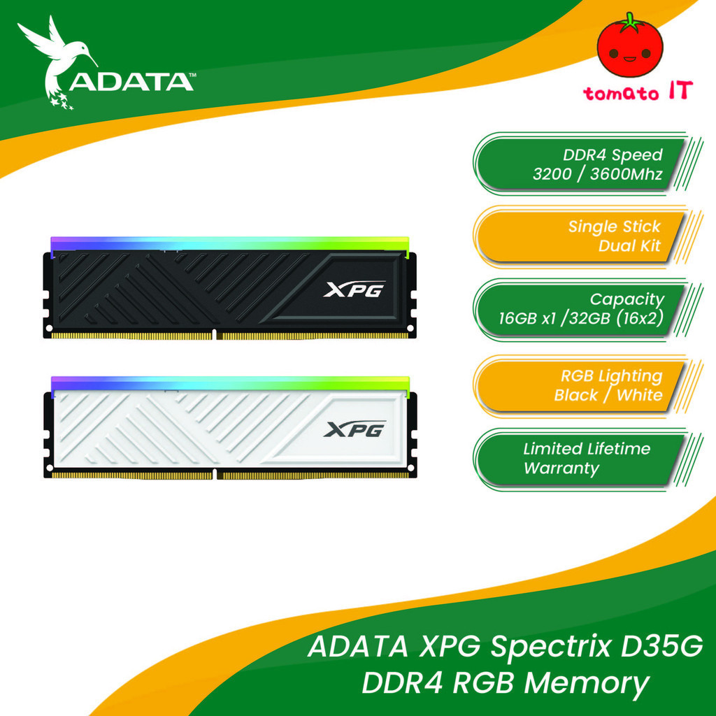 ADATA XPG Spectrix D35G DDR4 RGB (16GB (16X1)/32GB(16X2) 3200Mhz/3600Mhz - Black / White ...