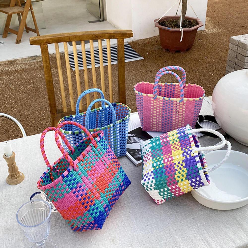 PVC Handle Woven Bag Weaving Hand Basket Colorful Handbag Patchwork Striped Tote Bag Large ...