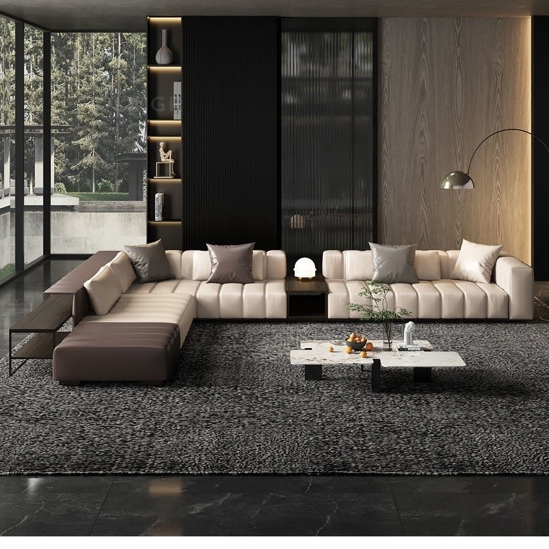 Sudut Minimalis Lurus Gaya Itali Set Sofa Ruang Tamu Kulit Tulen Nordic ...