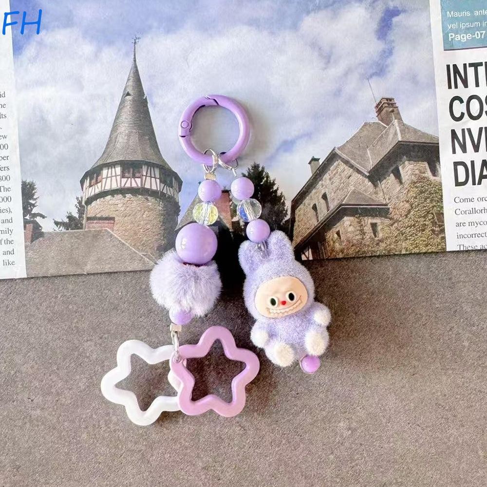 FENGHA Flocking Labubu Key Ring, Silica Gel Kawaii Sit Down Labubu ...