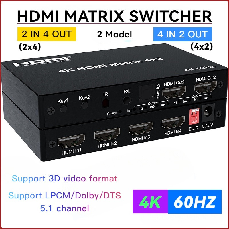 4K UHD HDMI Matrix 4x2, HDMI Splitter Switcher 2x4, with 3.5mm jack ...