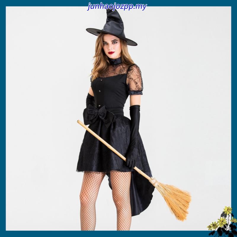 Black Sexy Mesh Hollow Witch Costume Halloween Party Wear Adult Fantasy ...