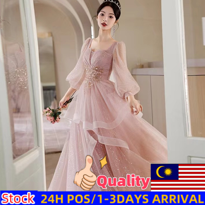 DINNER DRESS Pink Long Sleeve Long Dress Lace Tulle Dinner Evening ...