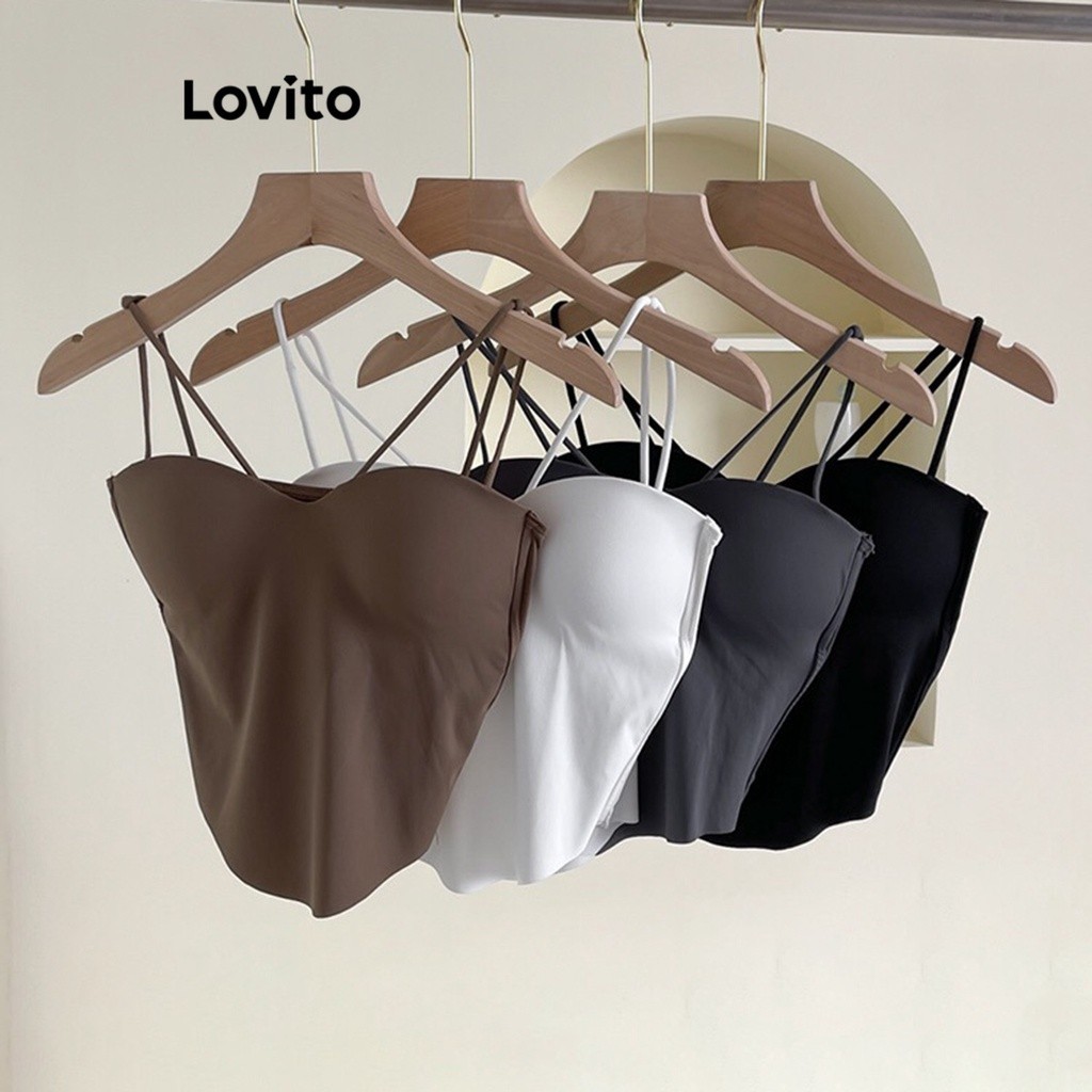 Lovito Casual Plain Criss Cross Round Tank Top For Women Lnl38028