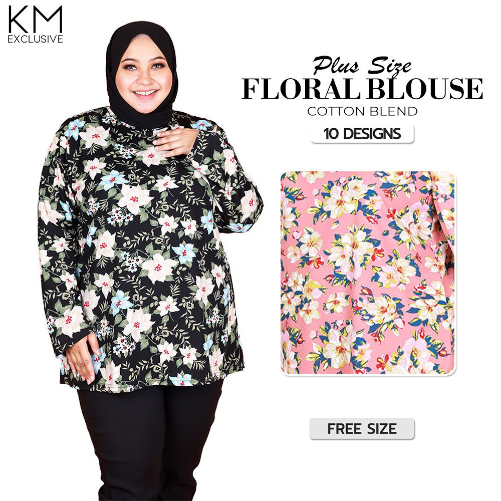 KM Muslimah Plus Size Floral Long Sleeves Blouse Baju Muslimah Wanita ...