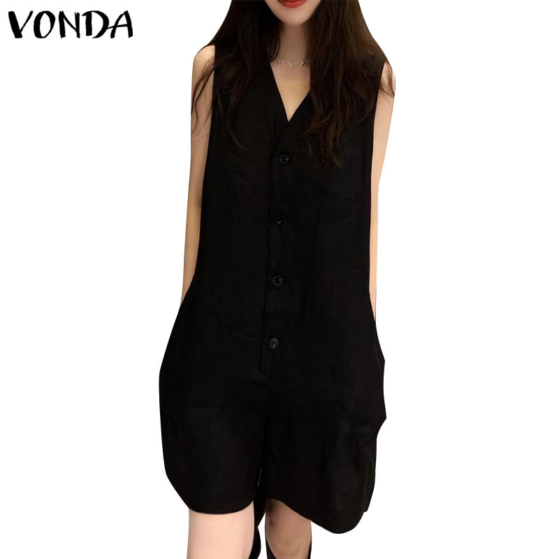Vonda Women Korean Summer Sleeveless V Neck Back Button Knee Length ...